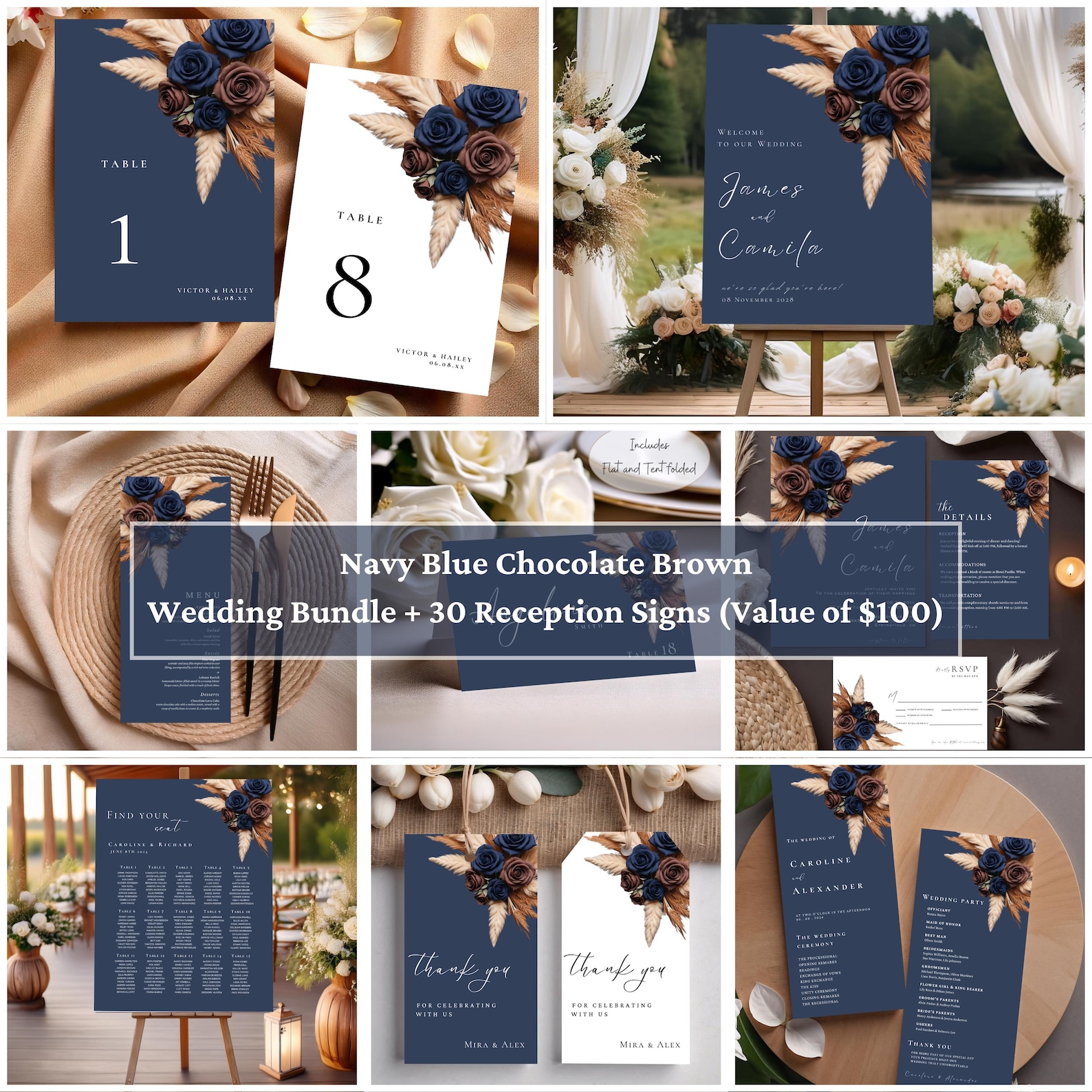 Navy Blue Chocolate Brown Floral Wedding Templates Bundle Set, Wedding ...