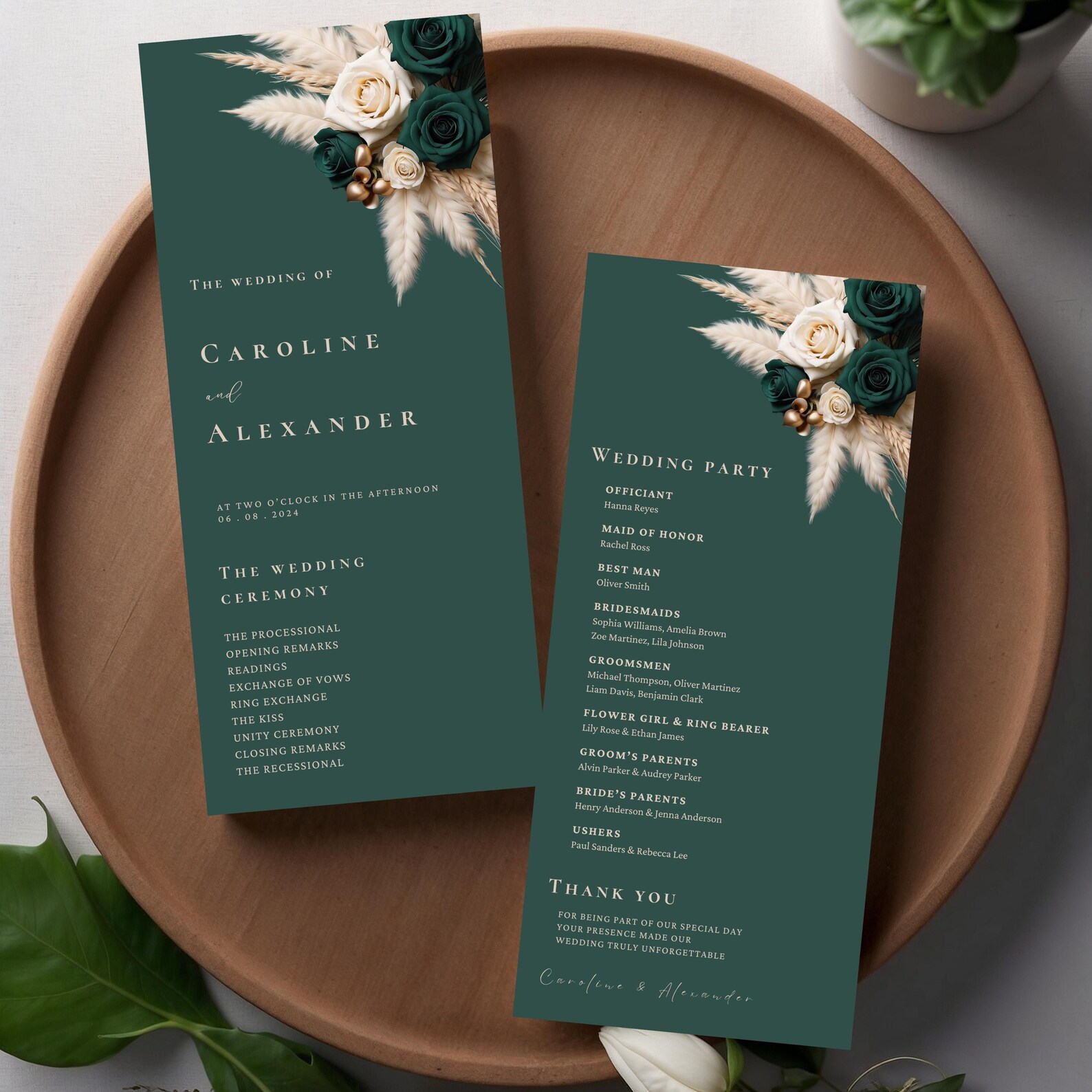 Dark Green White Floral Wedding Programs Template, Ceremony Program ...