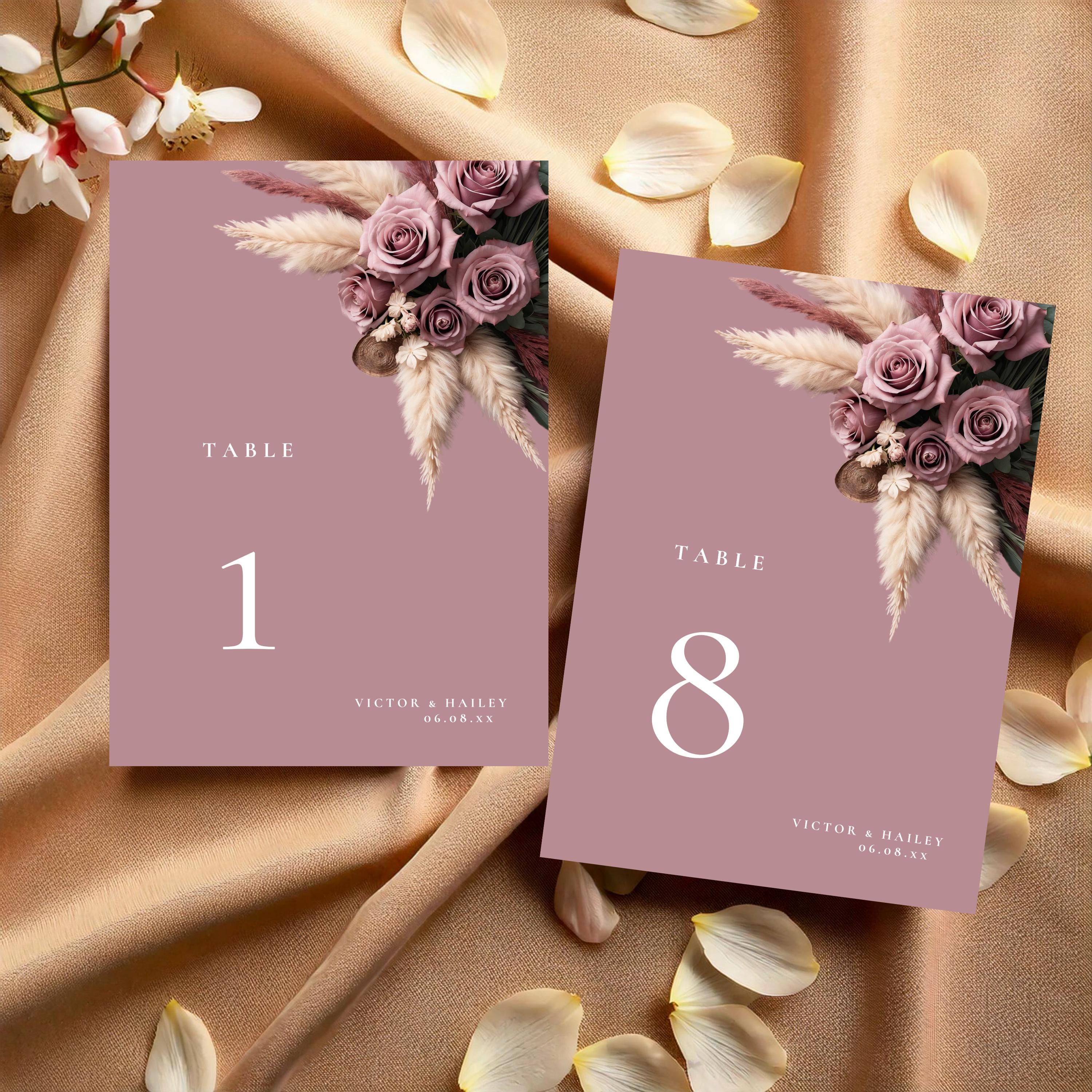 Mauve Floral Wedding Table Number Signs, Canva Editable Template ...