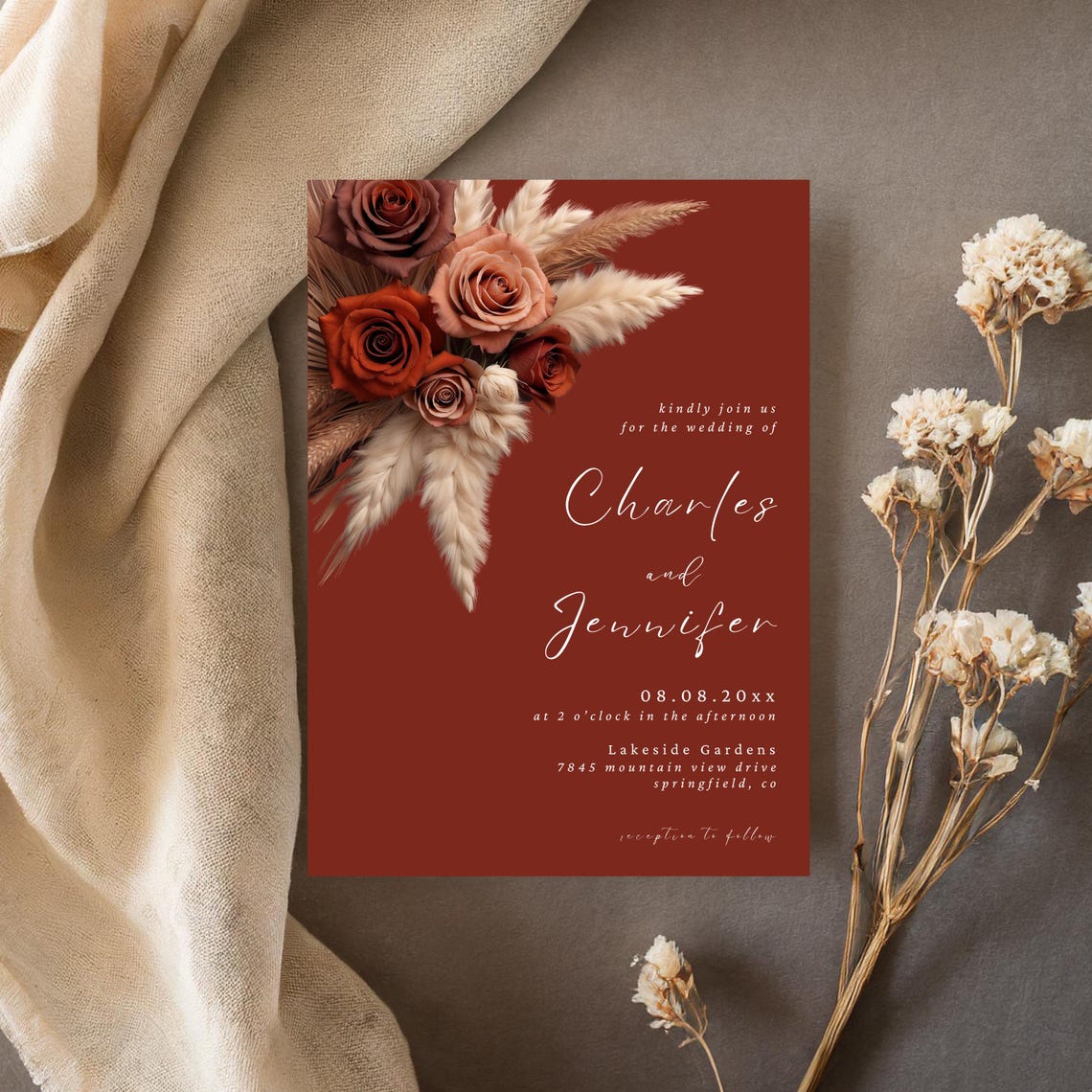 Rust Orange Floral Wedding Invitation, Canva Editable Template, Instant ...