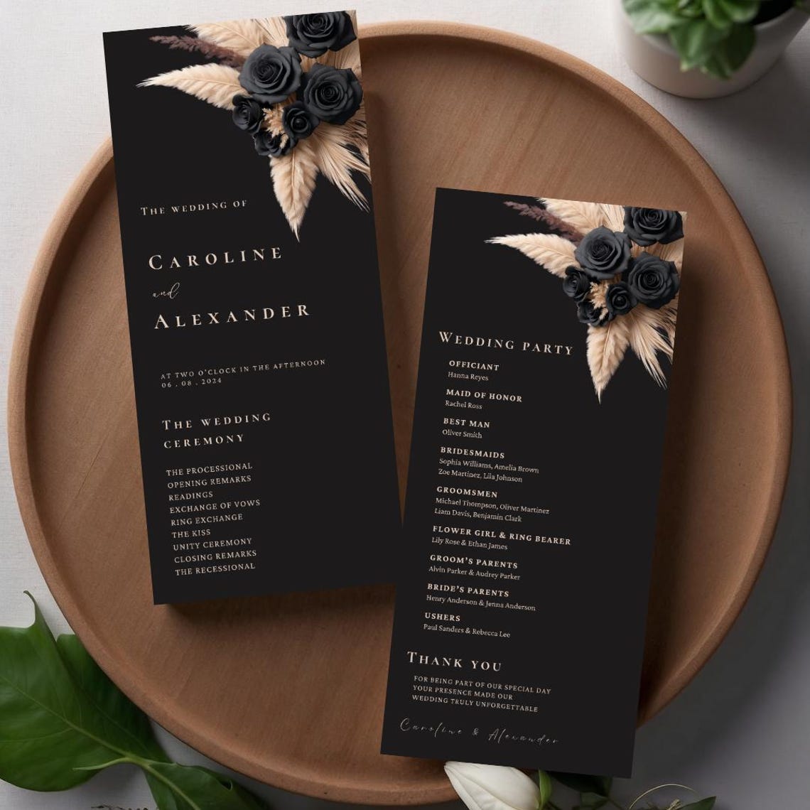Black Floral Wedding Programs Template, Ceremony Program, Elegant Rose ...