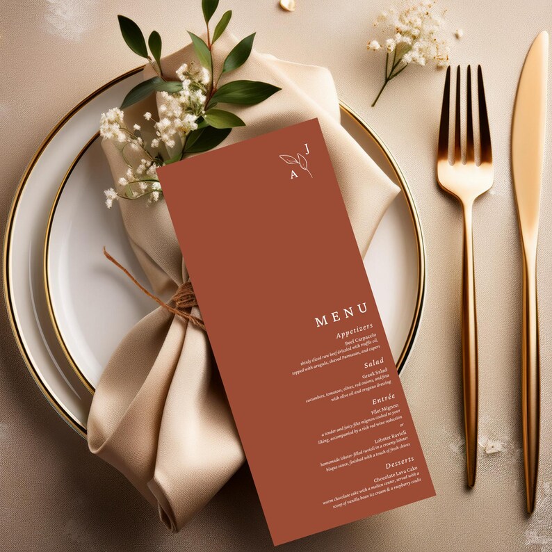 Burnt Orange Wedding Menu Template: Modern Minimalist Leaf Design ...