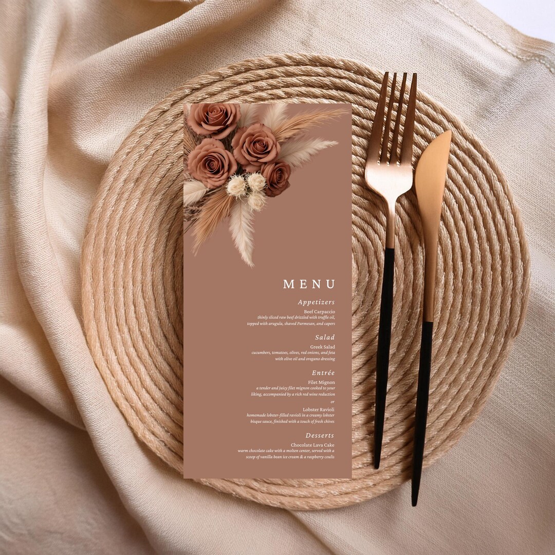 Mocha Mousse Color Pantone Floral Wedding Menu Template, Canva Editable ...