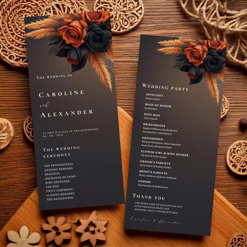 Black Burnt Orange Floral Wedding Programs Template, Ceremony Program ...