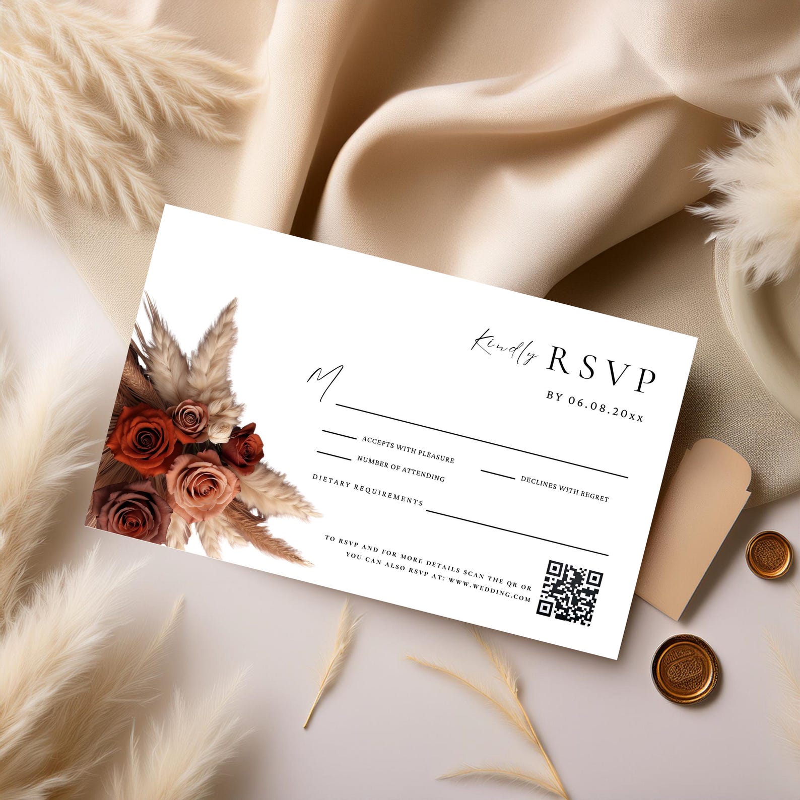 Rust Orange Floral Wedding Invitation, Canva Editable Template, Instant ...