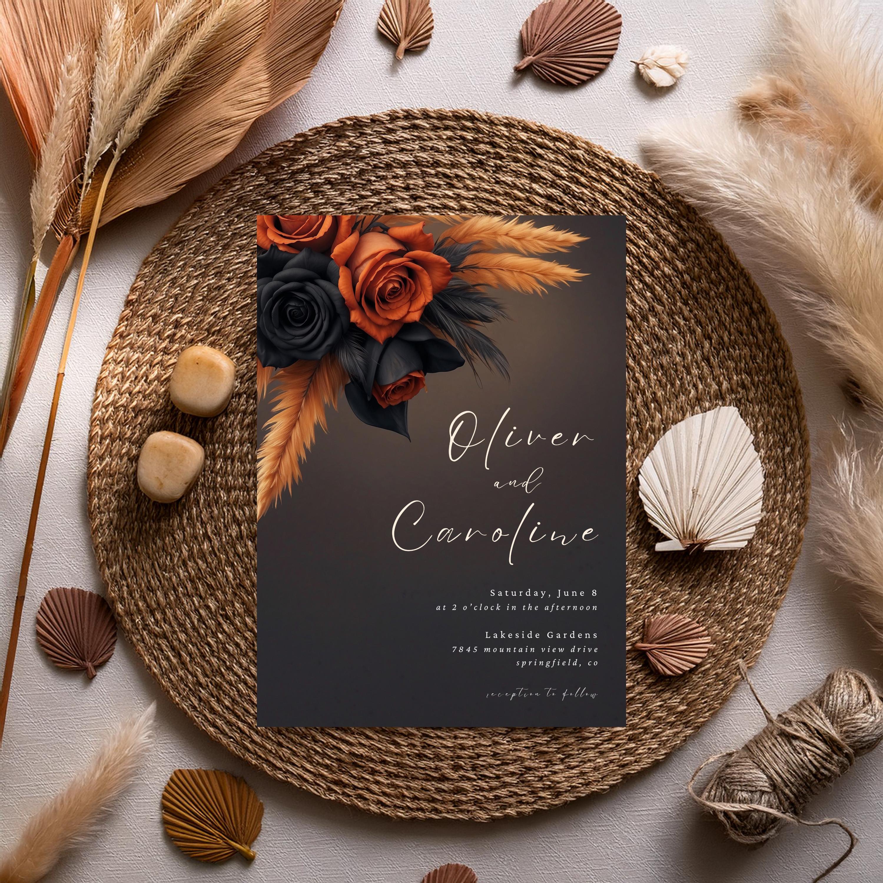 Black Burnt Orange Floral Wedding Invitation, Canva Editable Template ...