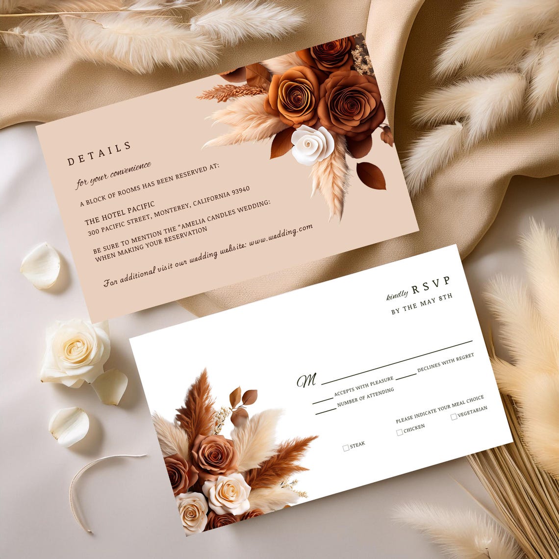 Rust Brown Rose Floral Wedding Invitation Bundle Set, Canva Editable ...