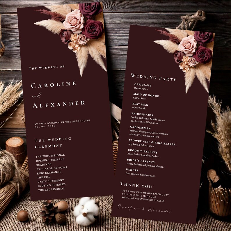 Burgundy, Rose Gold, Champagne Wedding Programs Template, Ceremony ...