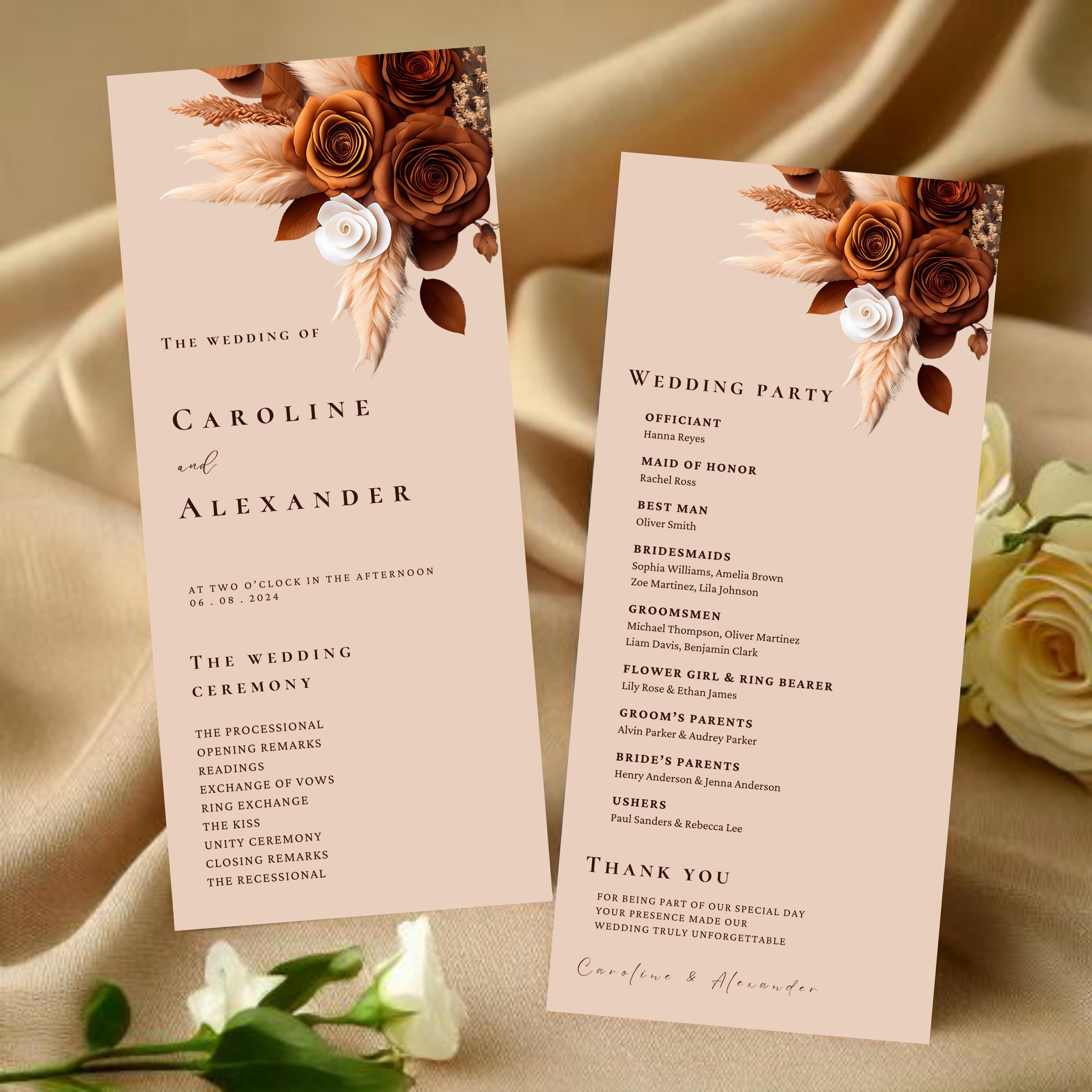 Rust Brown Rose Floral Wedding Programs Template, Ceremony Program ...