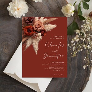 Rust Orange Floral Wedding Invitation, Canva Editable Template, Instant ...