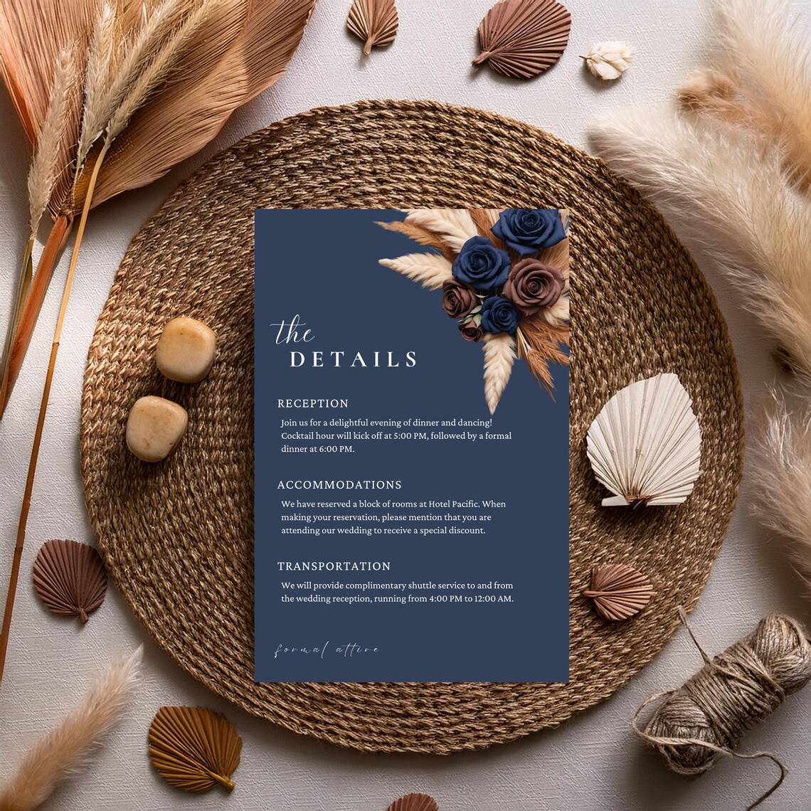 Navy Blue Chocolate Brown Floral Wedding Invitation, Canva Template ...
