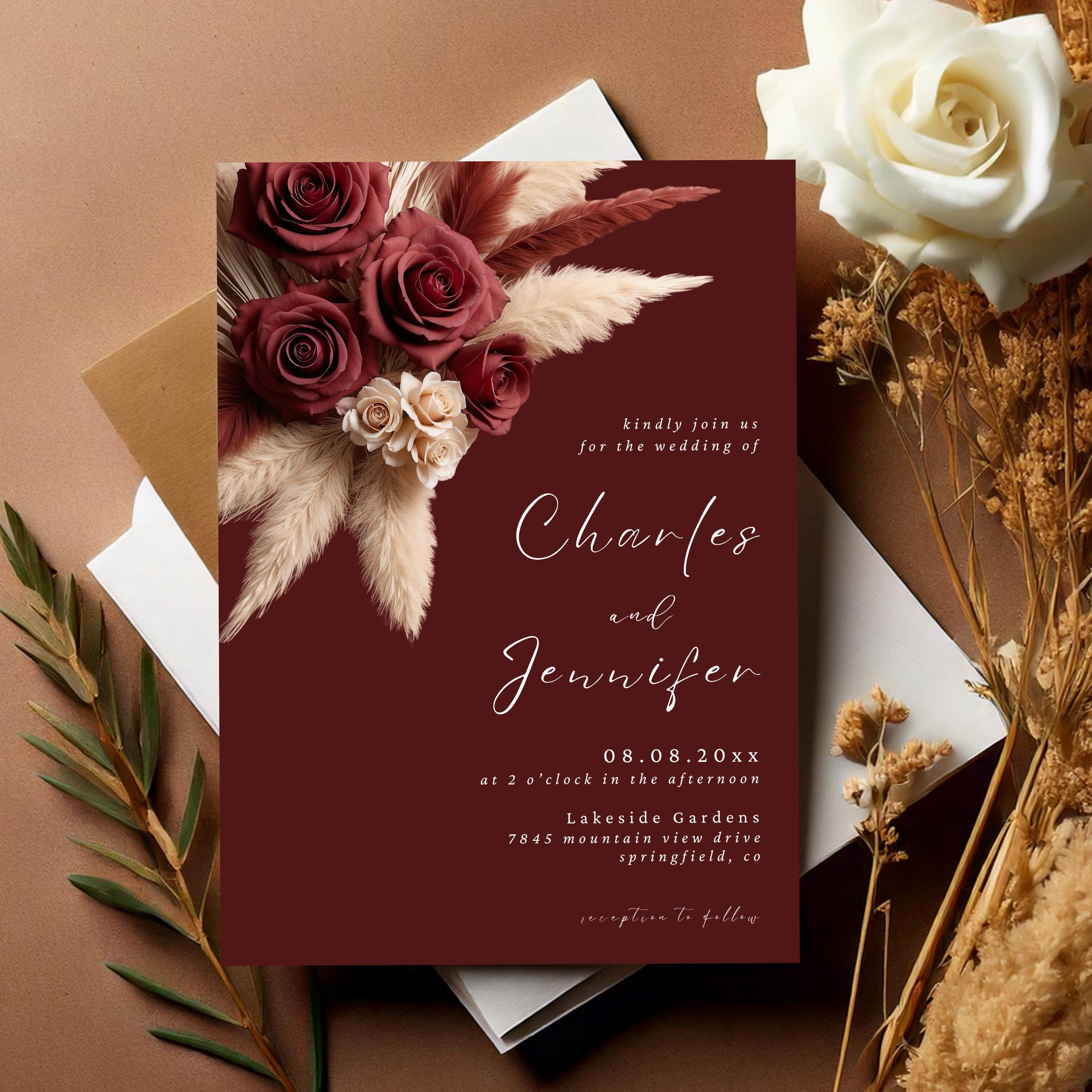 Rusty Red Floral Wedding Invitation, Canva Editable Template, Instant ...
