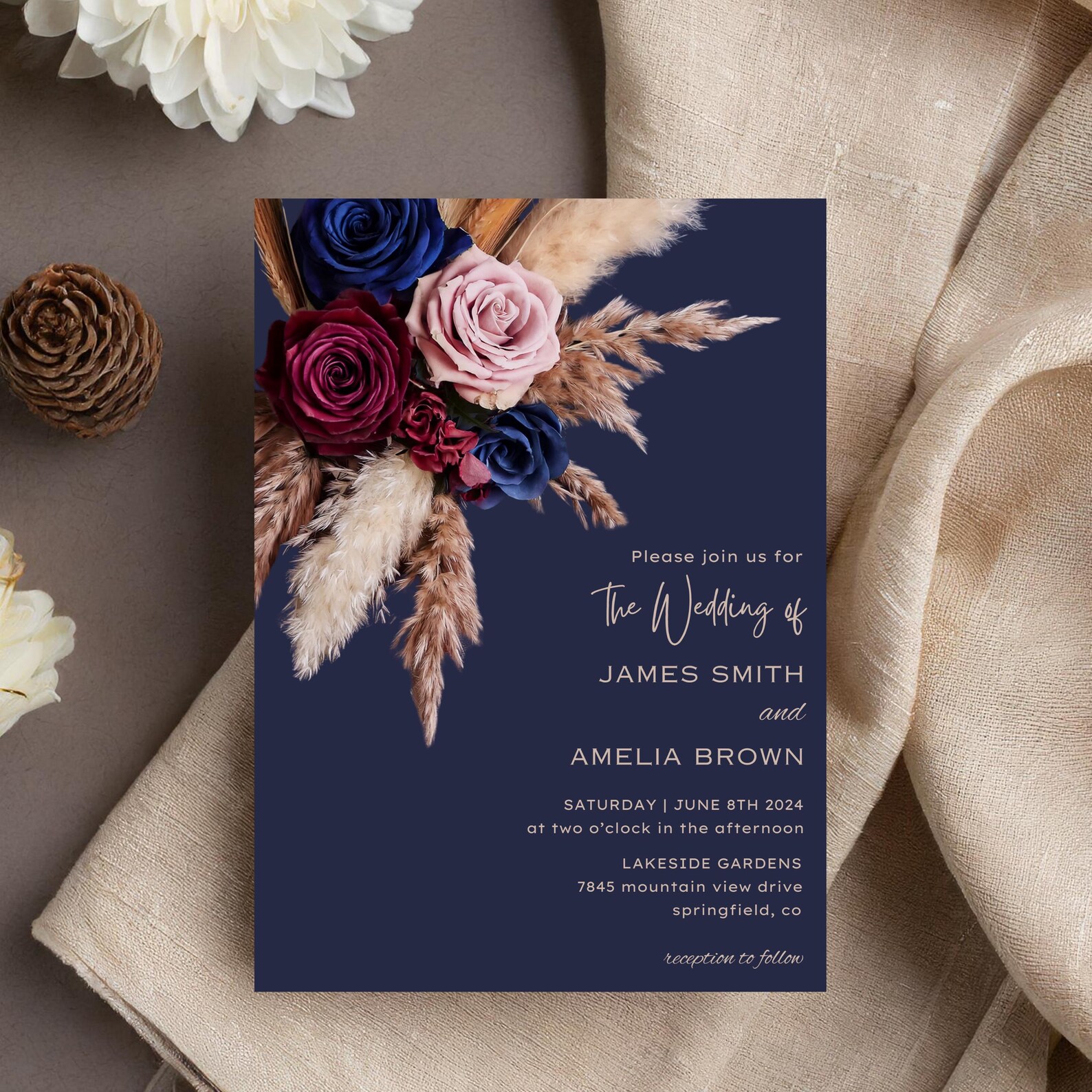 Navy Blue, Burgundy, Rose Gold Floral Wedding Invitation, Canva ...