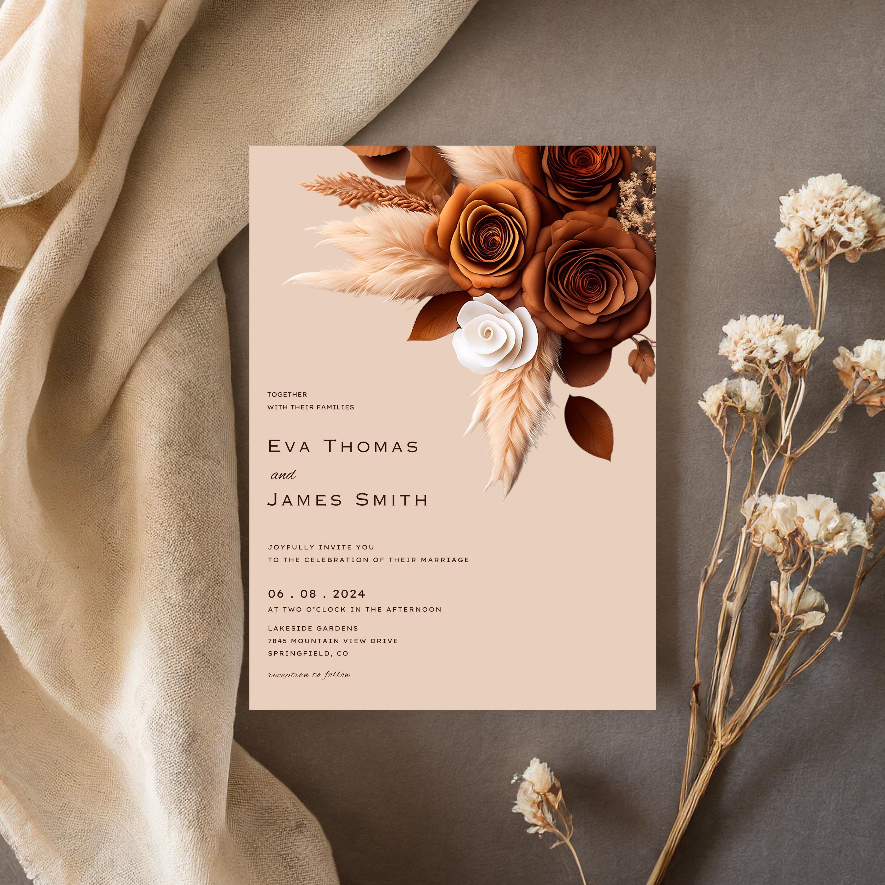 Rust Brown Rose Floral Wedding Invitation, Canva Editable Template ...