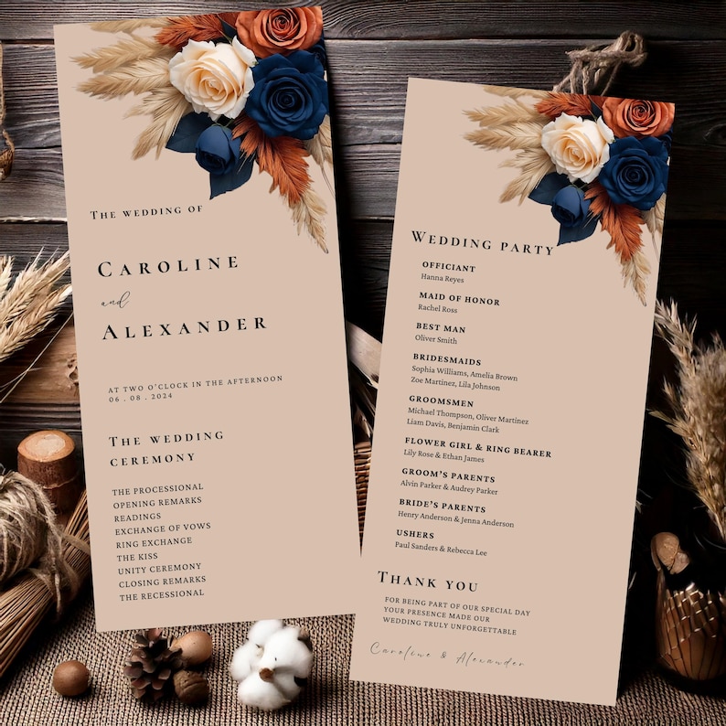 Navy Blue Burnt Orange Wedding Programs Template, Ceremony Program ...