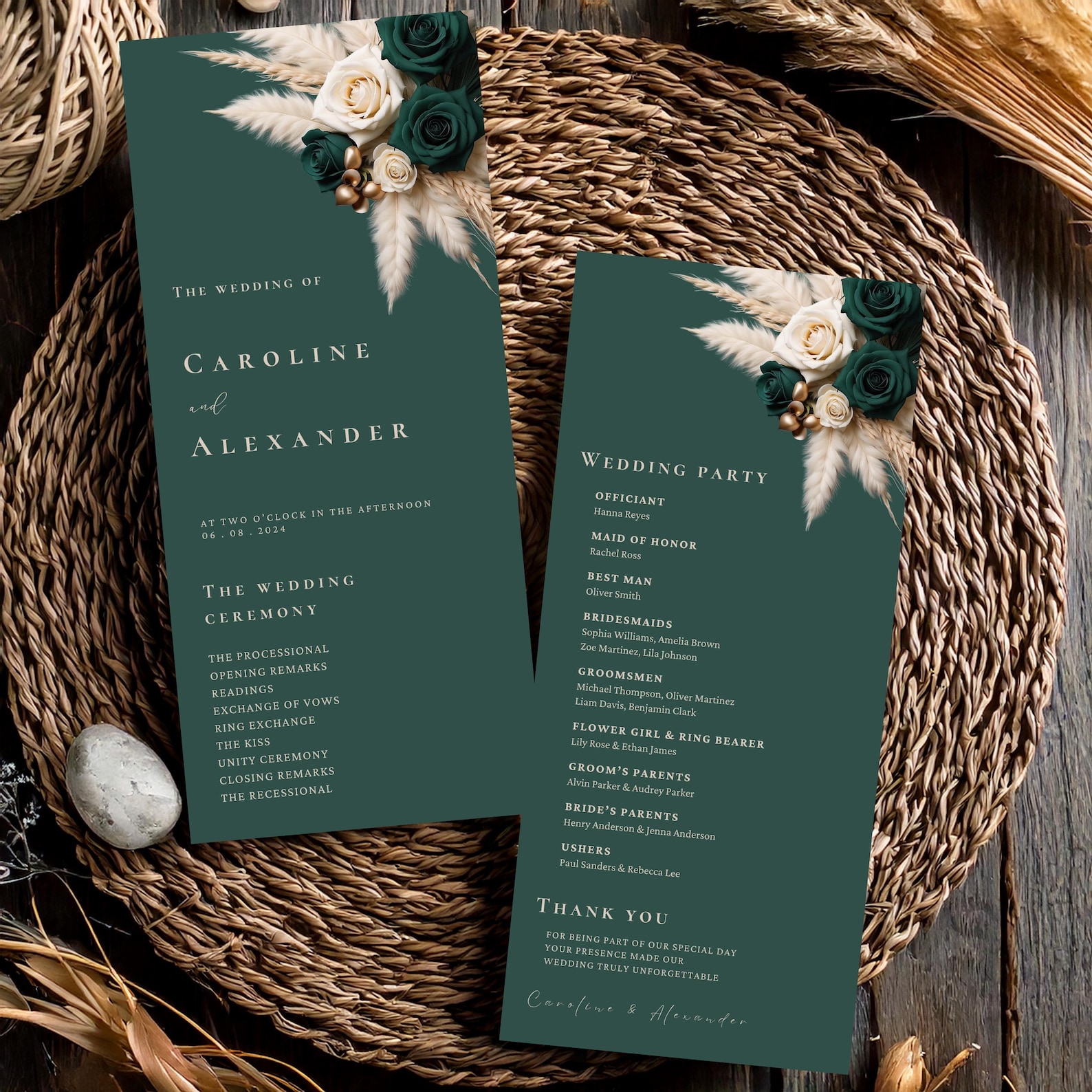 Dark Green White Floral Wedding Programs Template, Ceremony Program ...
