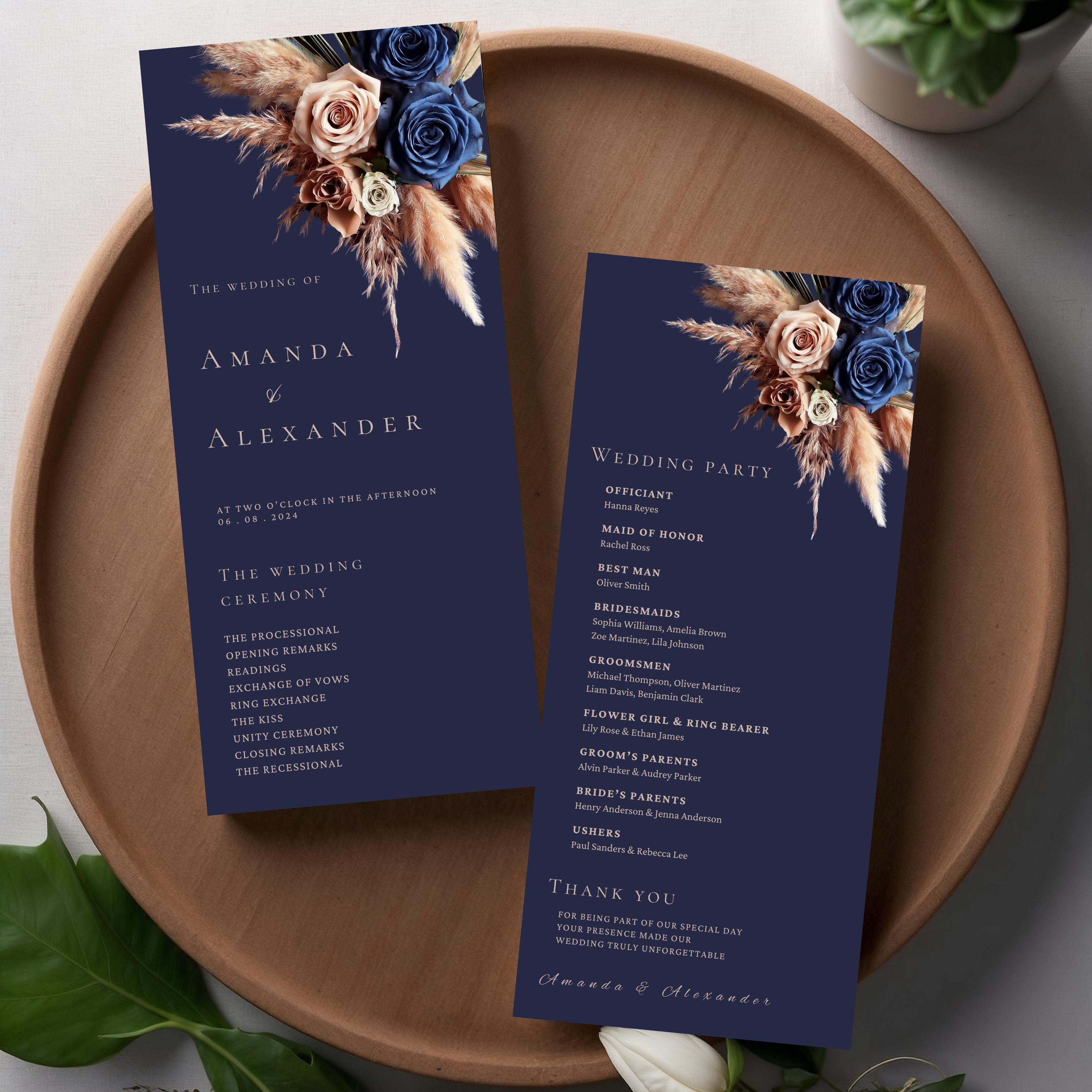 Navy Blue Rose Gold Wedding Programs Template, Ceremony Program ...