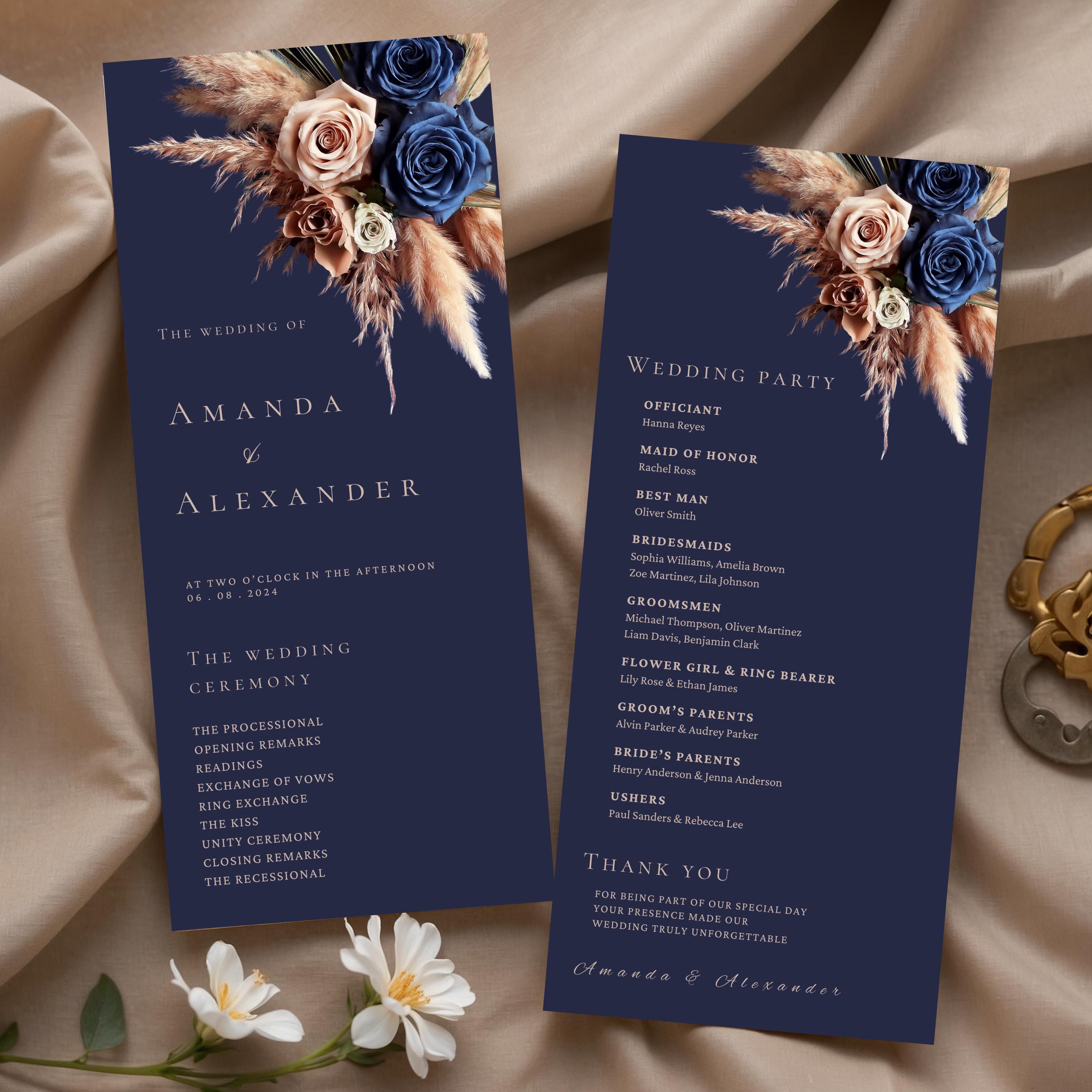 Navy Blue Rose Gold Wedding Programs Template, Ceremony Program ...