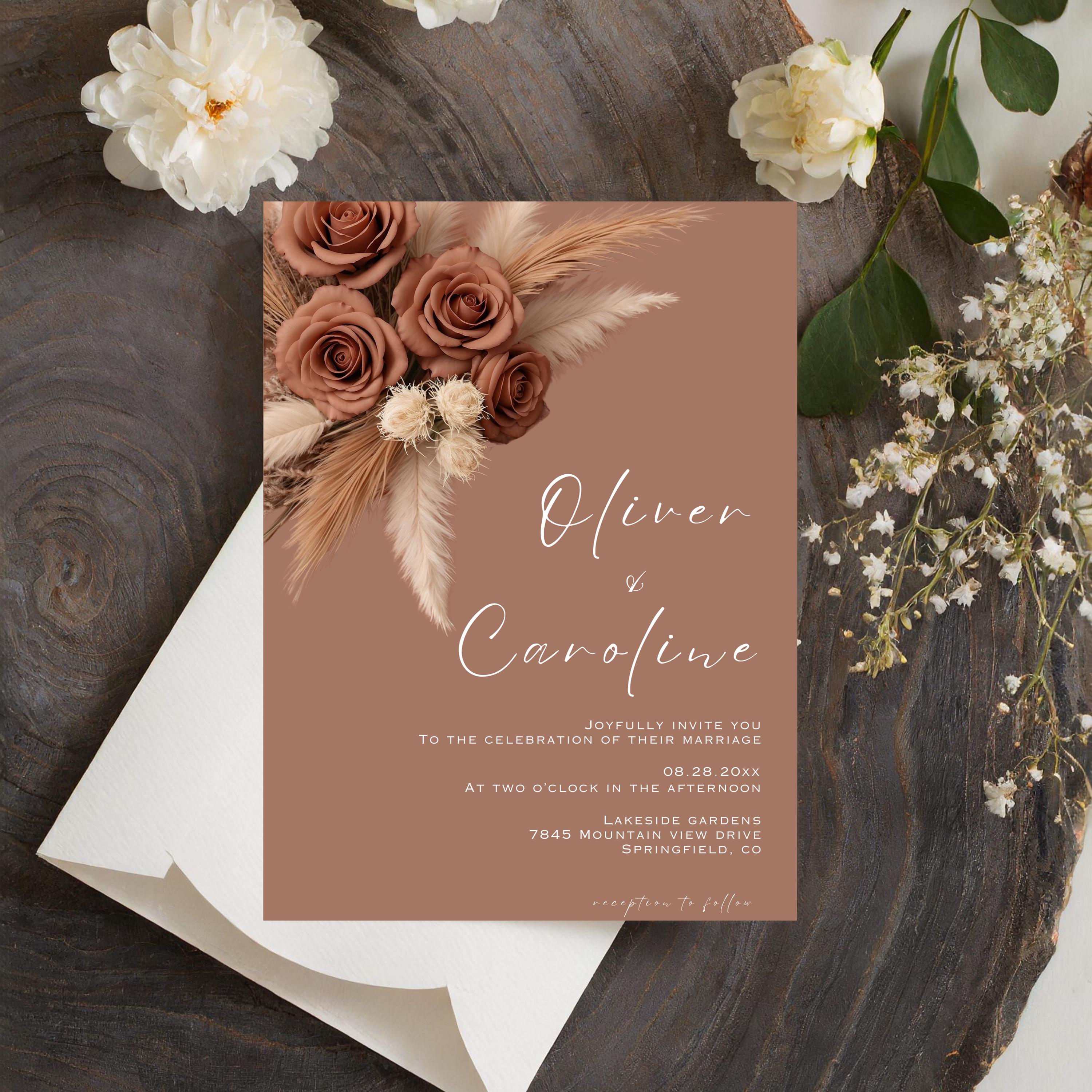 Mocha Mousse Pantone Floral Wedding Invitation, Canva Editable Template ...