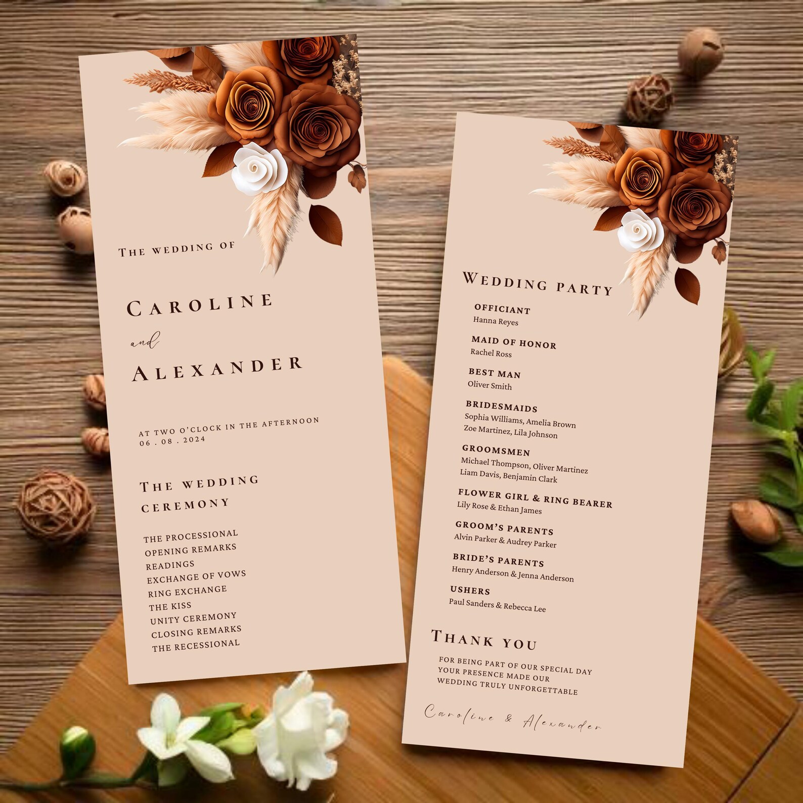 Rust Brown Rose Floral Wedding Programs Template, Ceremony Program ...