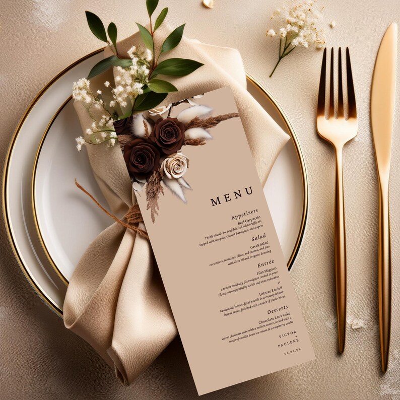 Brown Floral Wedding Menu Template, Canva Editable Template, Instant ...