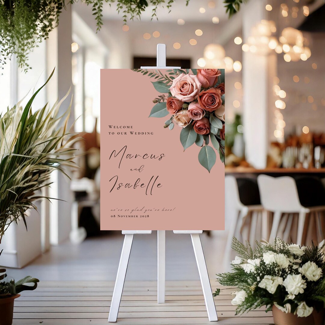 Cedar Dusty Rose Floral Wedding Welcome Sign Board, Editable Sign ...