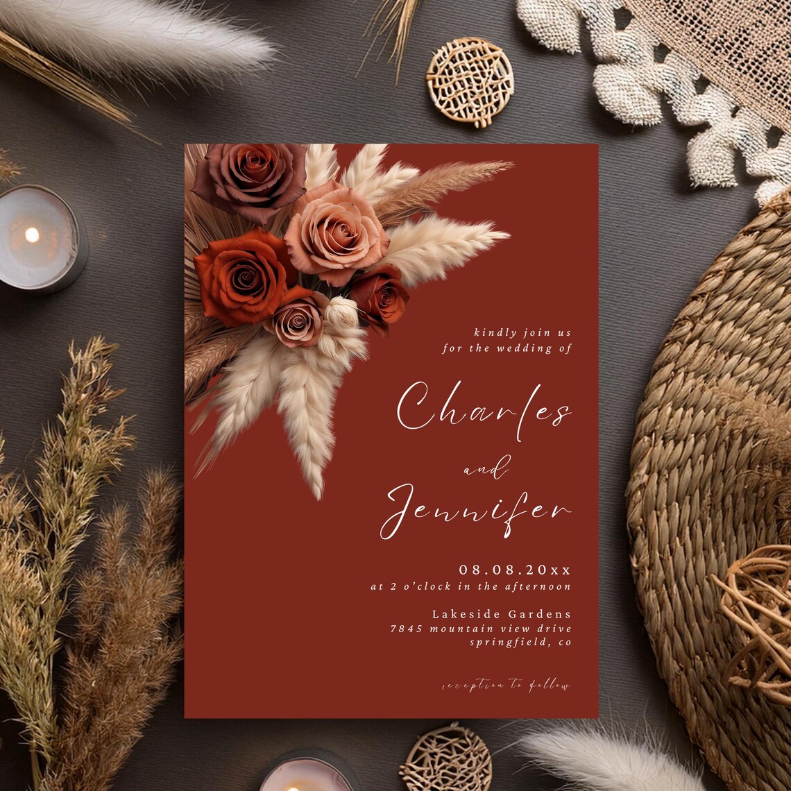 Rust Orange Floral Wedding Invitation, Canva Editable Template, Instant ...