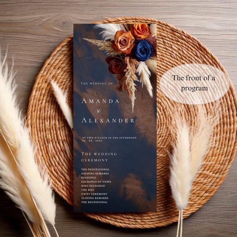 Navy Blue, Burnt Orange, Brown Roses Floral Wedding Programs Template ...