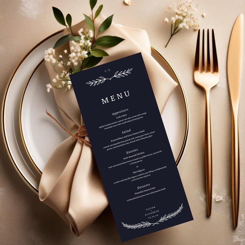 Deep Navy Blue Wedding Menu Template, Minimalist Menu, Canva Editable ...