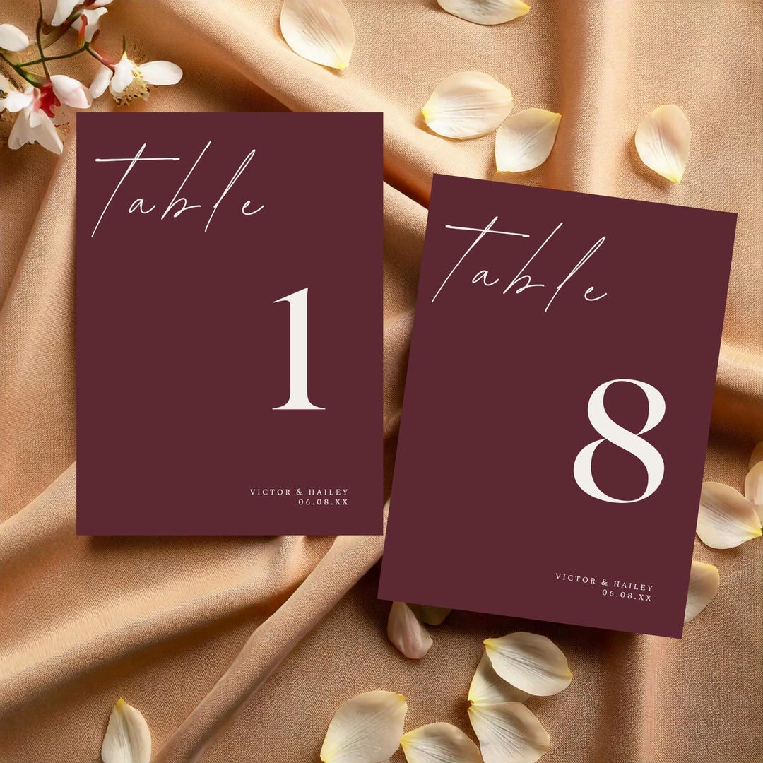 Burgundy Wedding Table Number Signs, Canva Editable Template, Table ...