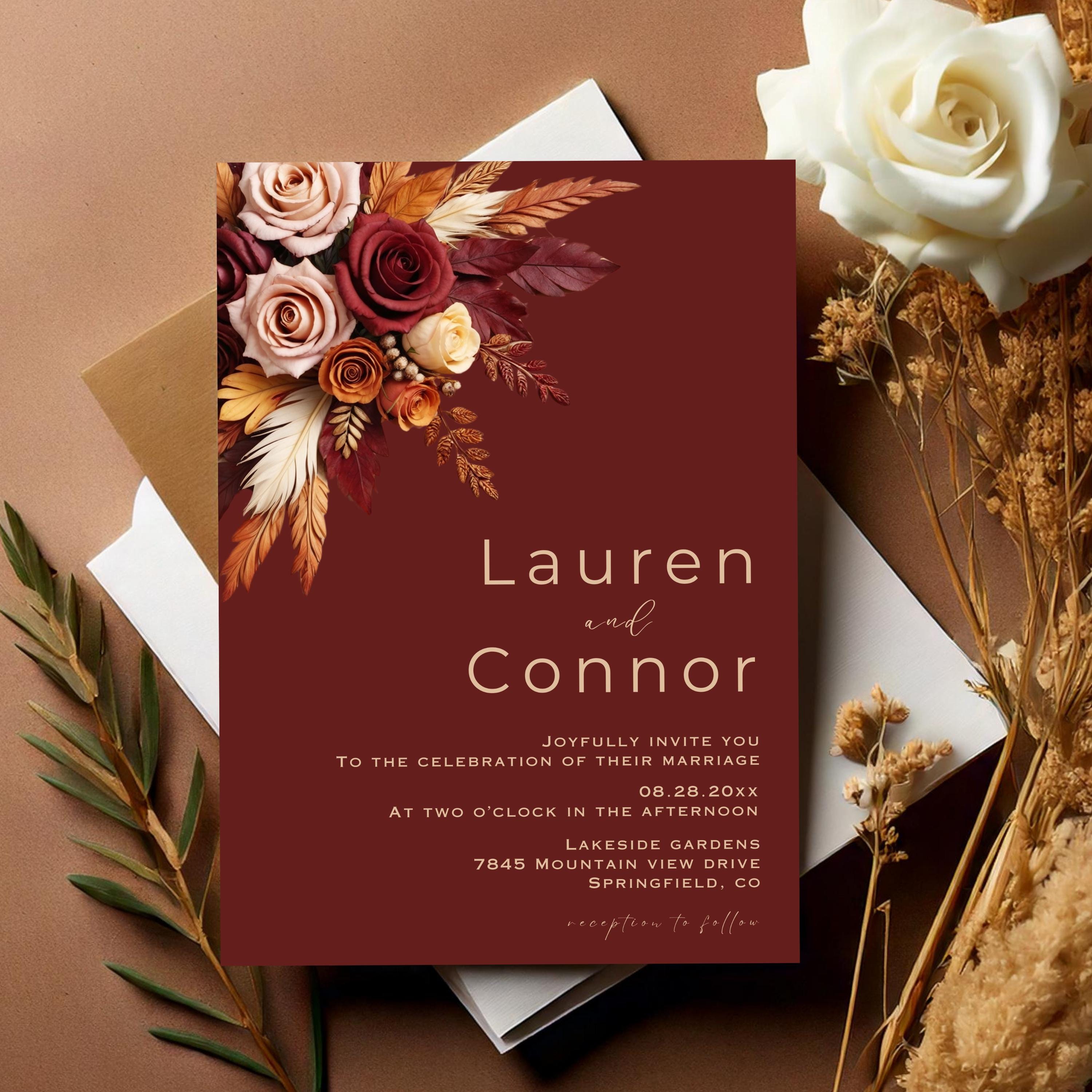 Fall Autumn Floral Wedding Invitation, Canva Editable Template, RSVP ...