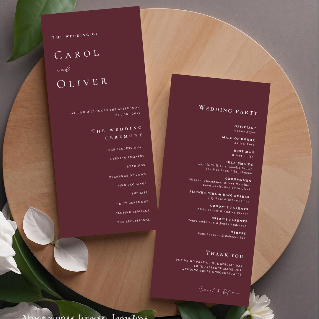 Burgundy Wedding Programs Template, Ceremony Program Itinerary, Canva ...