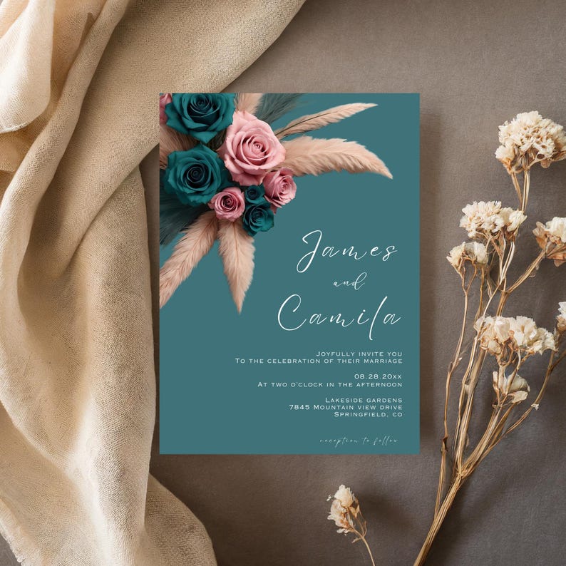 Dark Teal Light Pink Floral Wedding Invitation, Canva Editable Template ...