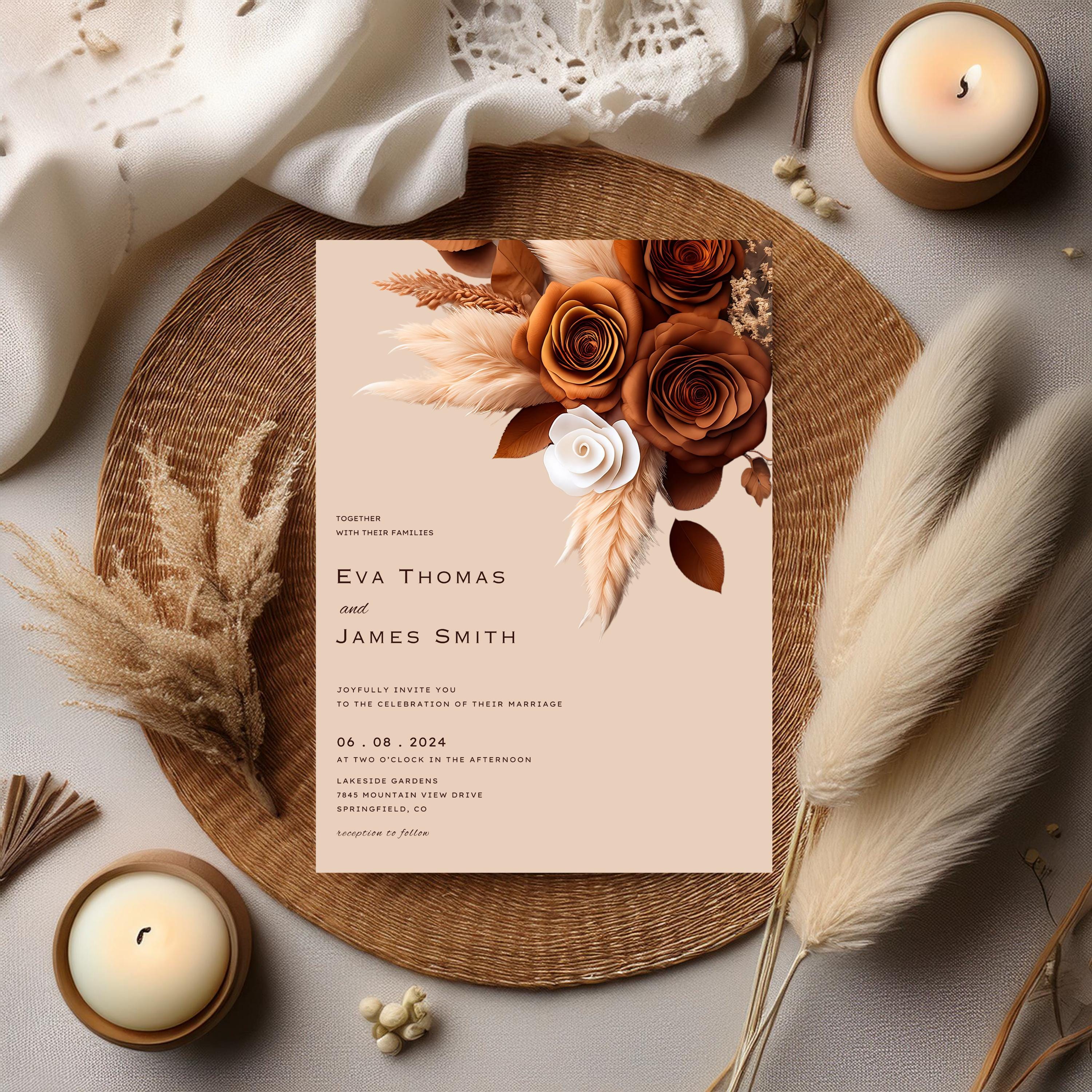 Rust Brown Rose Floral Wedding Invitation Bundle Set, Canva Editable ...