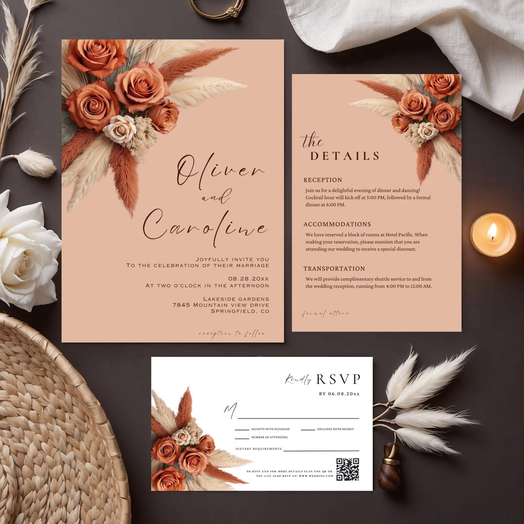 Rust Burnt Orange Floral Wedding Invitation, Canva Template, Instant ...