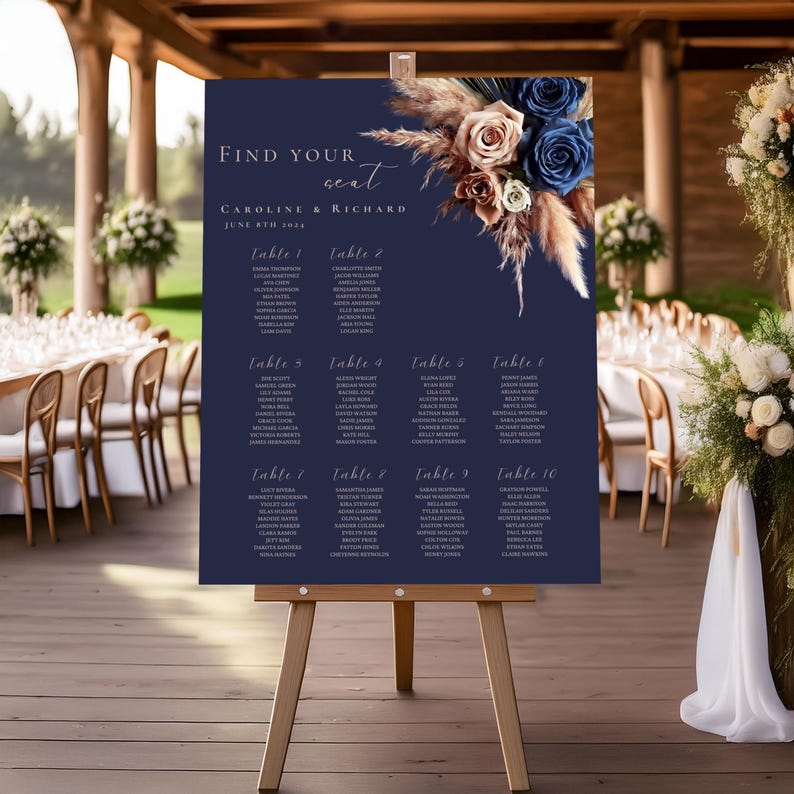 Navy Blue Rose Gold Floral Wedding Seating Chart Template, Large Guest ...