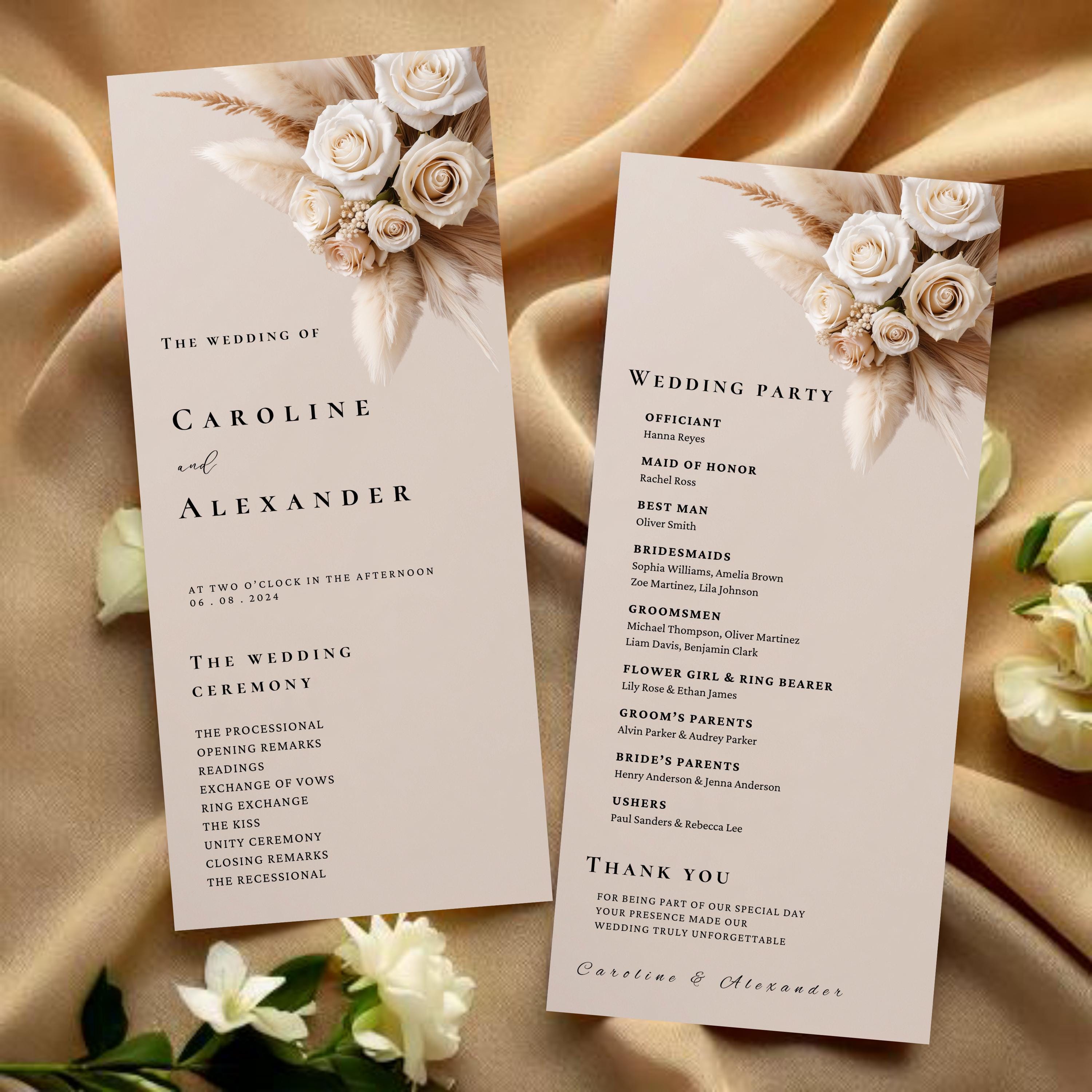 White Cream Beige Floral Wedding Programs Template, Ceremony Program ...