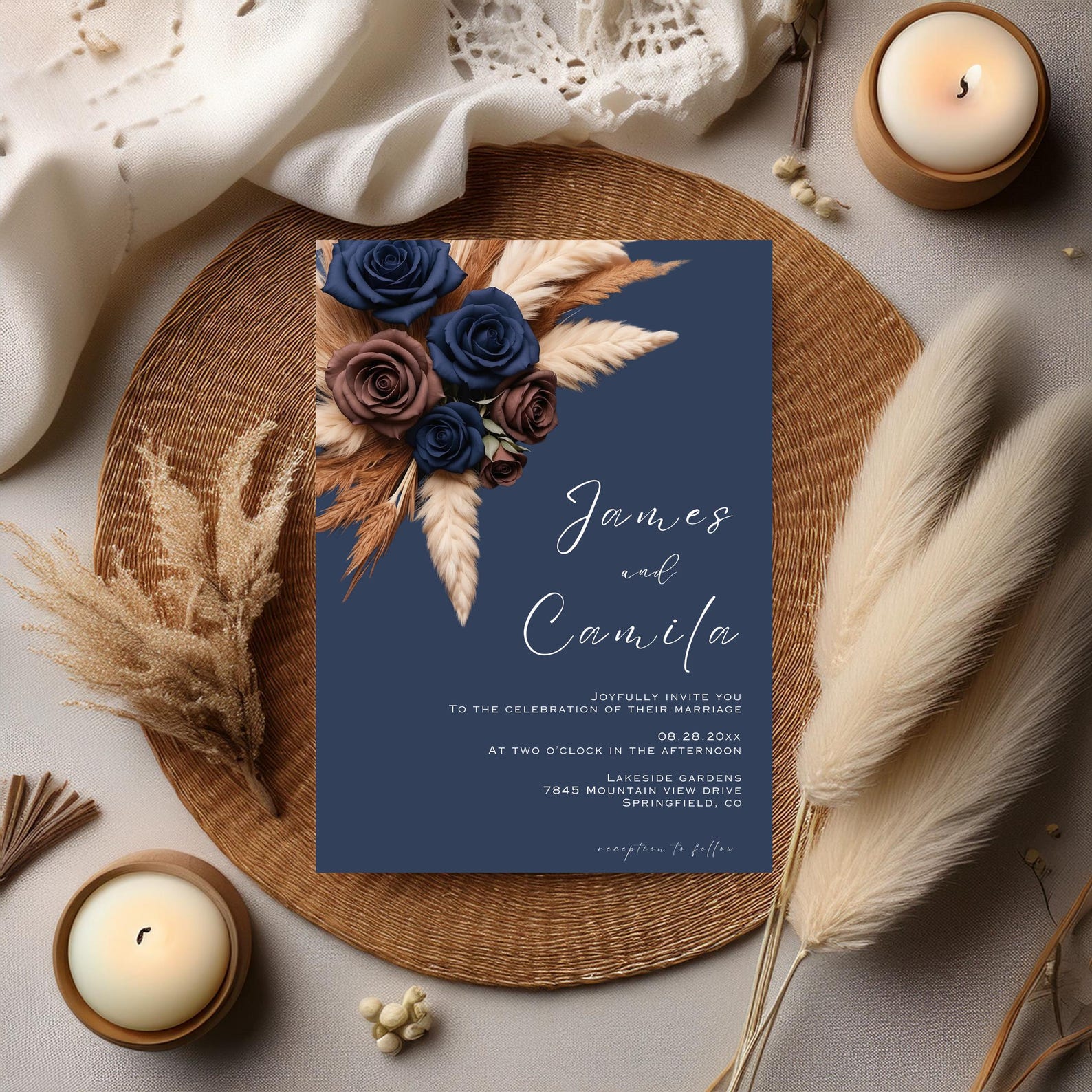 Navy Blue Chocolate Brown Floral Wedding Invitation, Canva Template ...