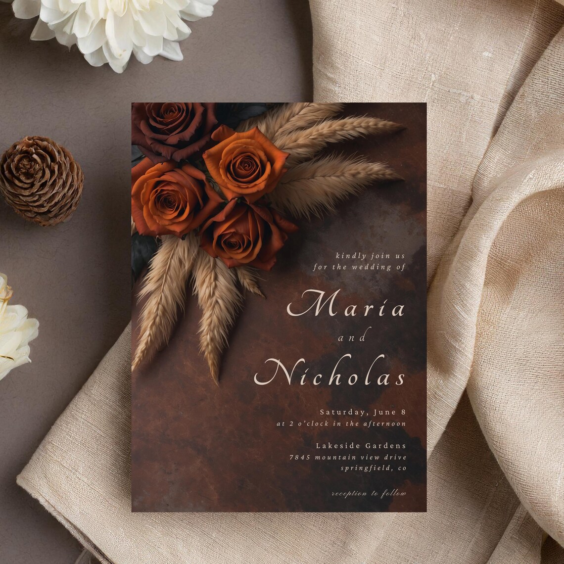 Rust Brown Orange Floral Wedding Invitation, Canva Editable Template ...