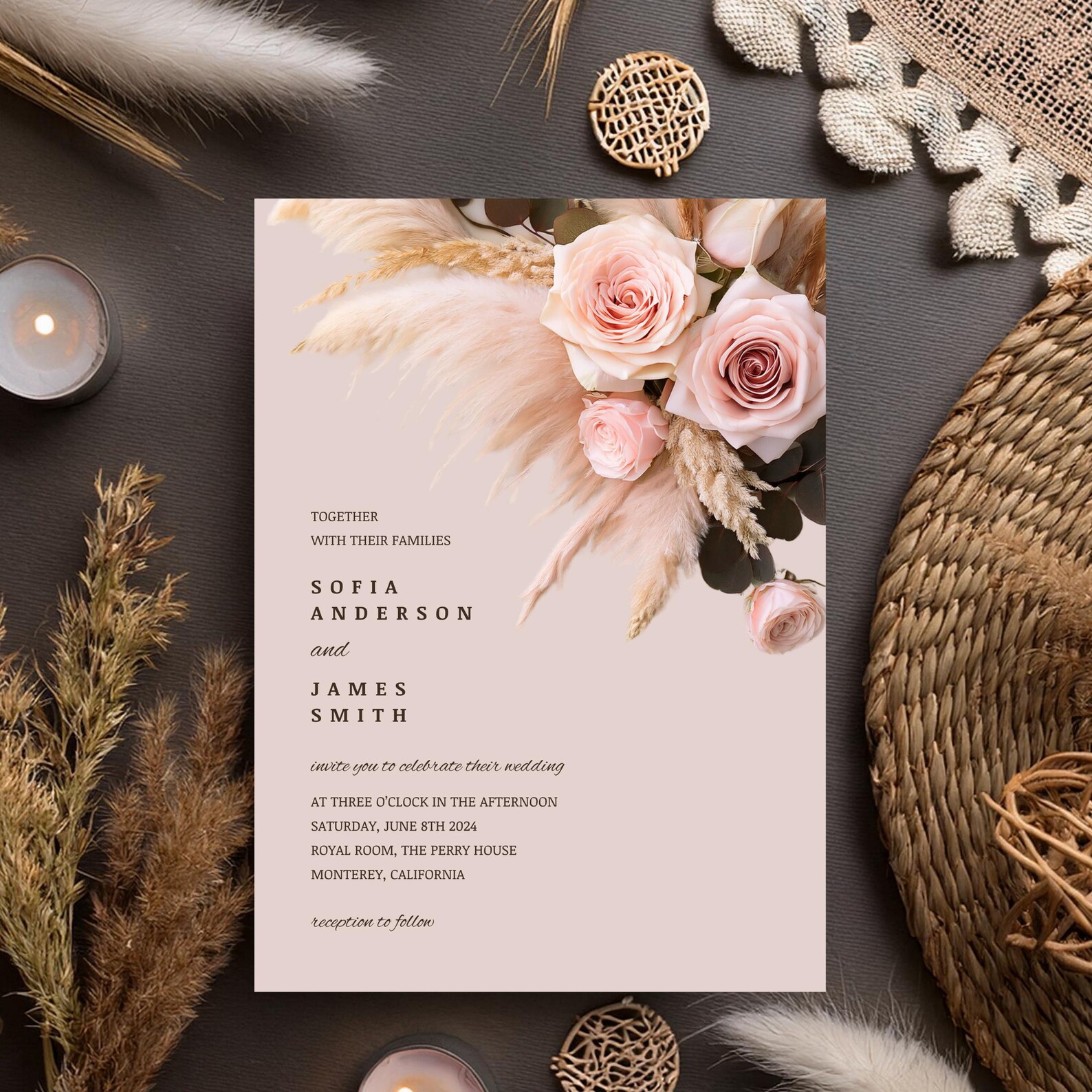 Blush Pink Rose Floral Wedding Invitation, Canva Editable Template ...