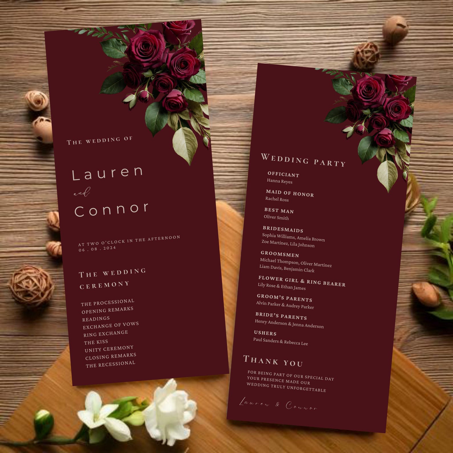 Burgundy Wedding Programs Template, Ceremony Program, Red Elegant Rose ...