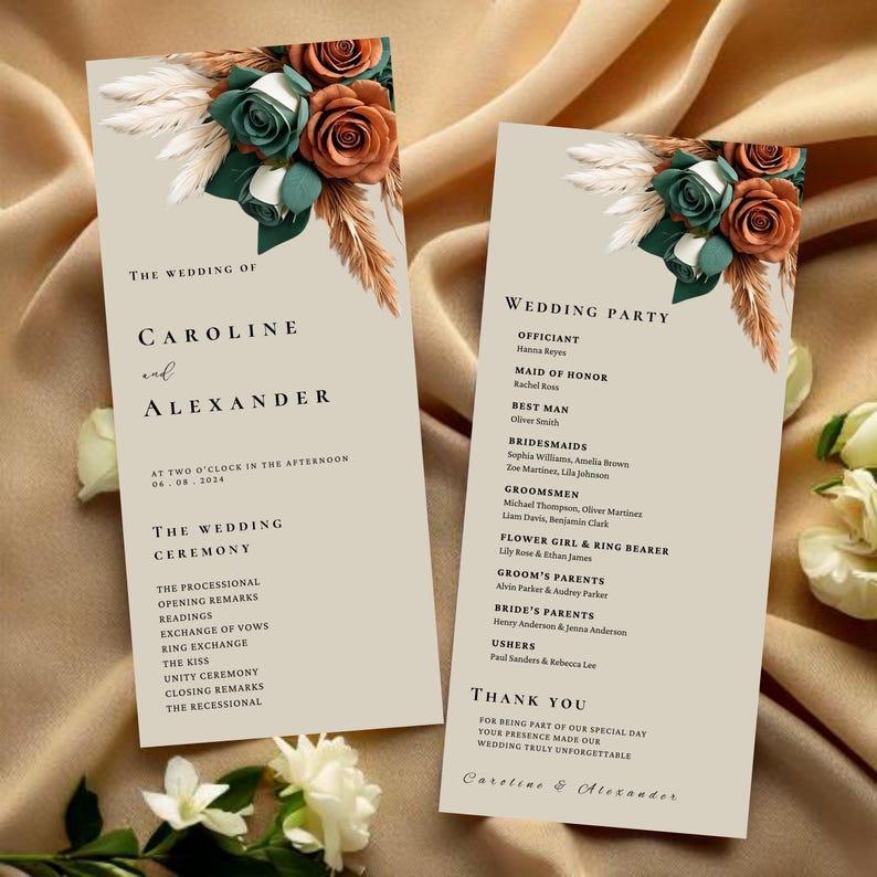 Sage Green Copper Brown Floral Wedding Programs Template, Ceremony ...