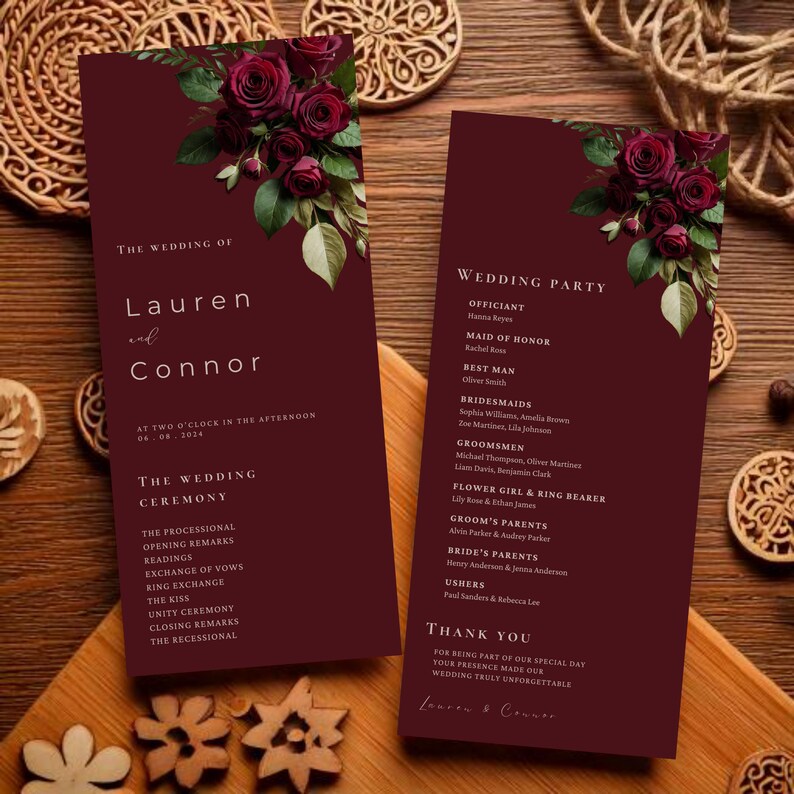 Burgundy Wedding Programs Template, Ceremony Program, Red Elegant Rose ...