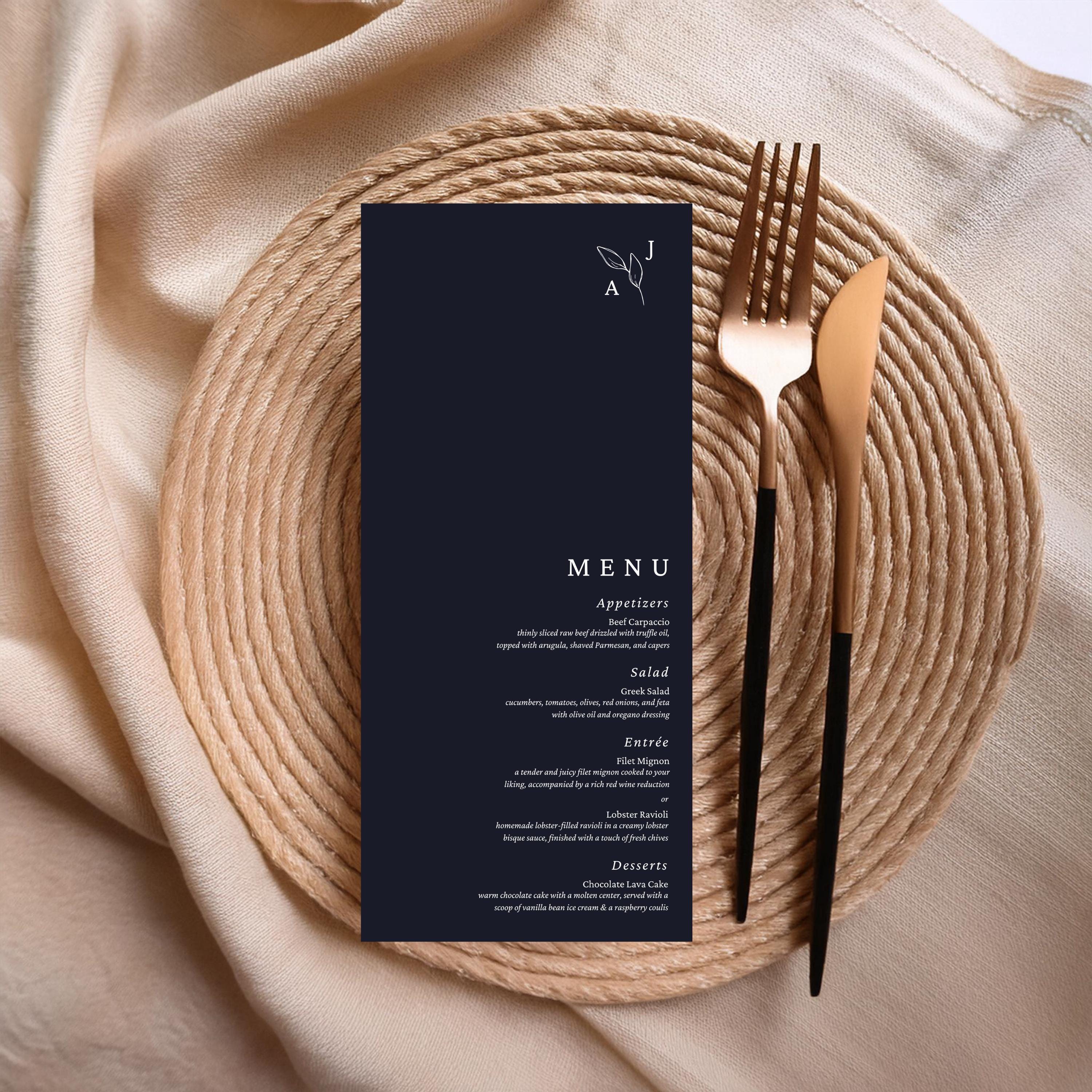 Deep Navy Blue Wedding Menu Template, Modern Minimalist Menu, Canva ...