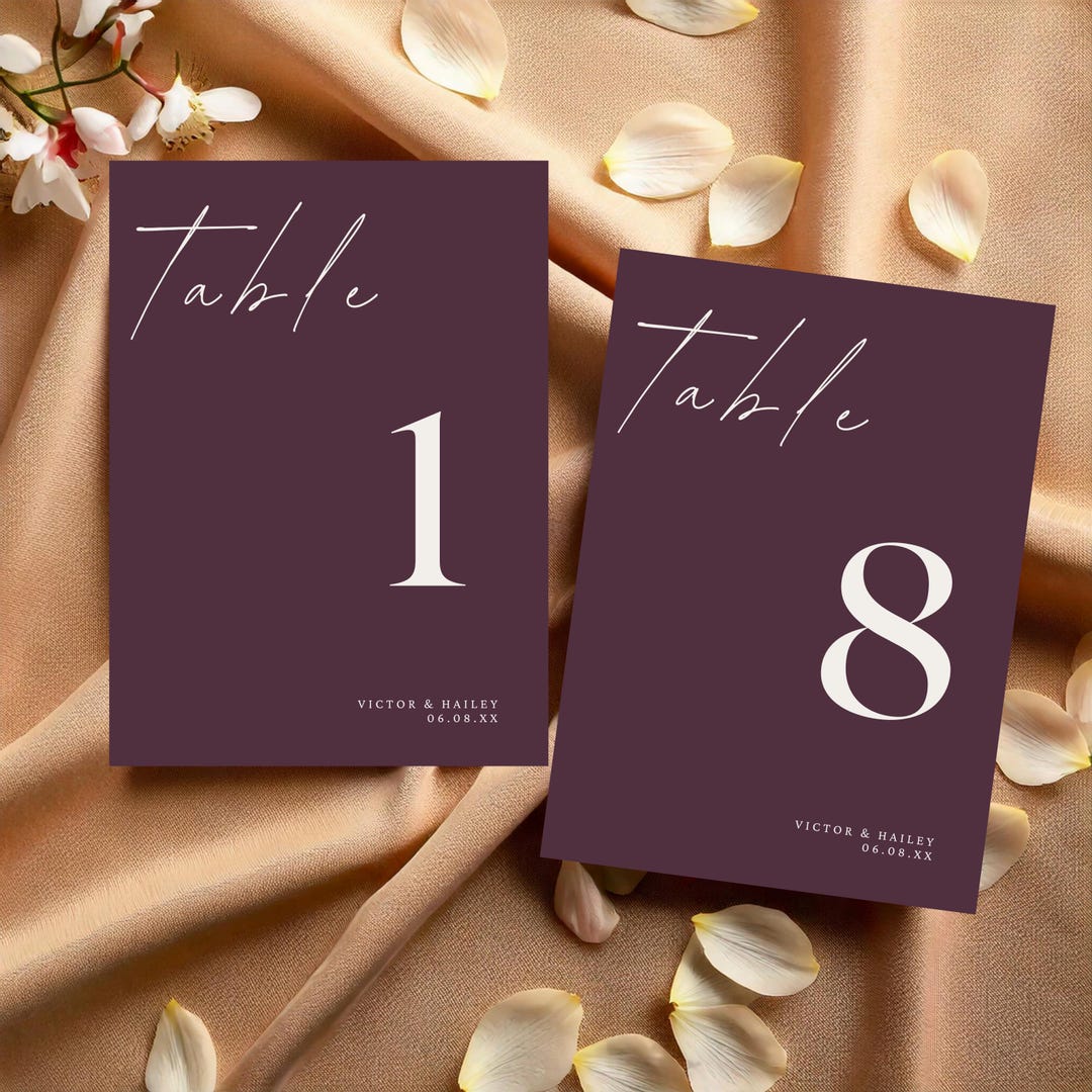 Purple Wedding Table Number Signs, Canva Editable Template, Table ...