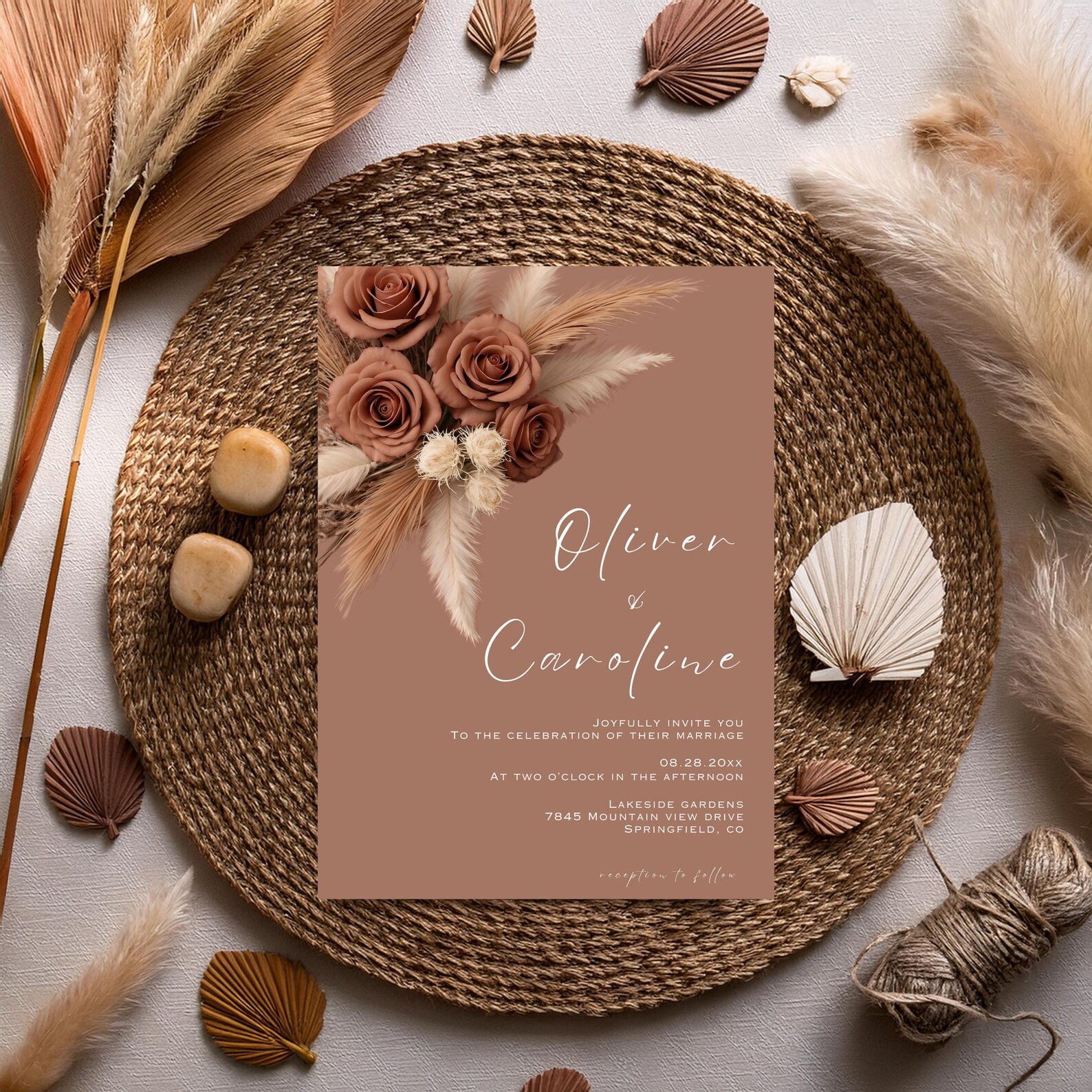 Mocha Mousse Pantone Floral Wedding Invitation, Canva Editable Template ...