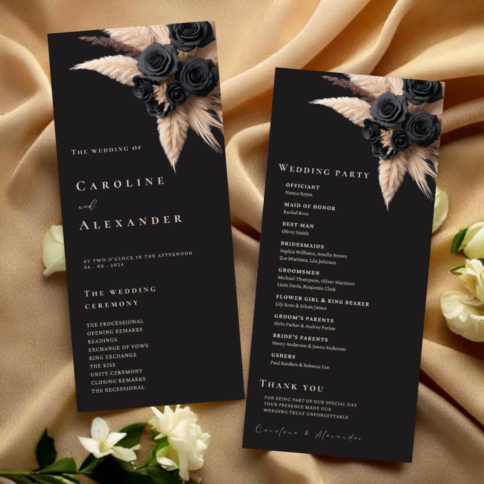 Black Floral Wedding Programs Template, Ceremony Program, Elegant Rose ...
