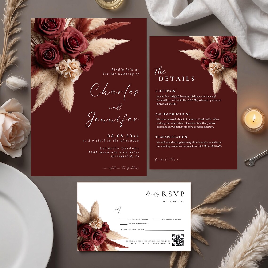 Rusty Red Floral Wedding Invitation, Canva Editable Template, Instant ...