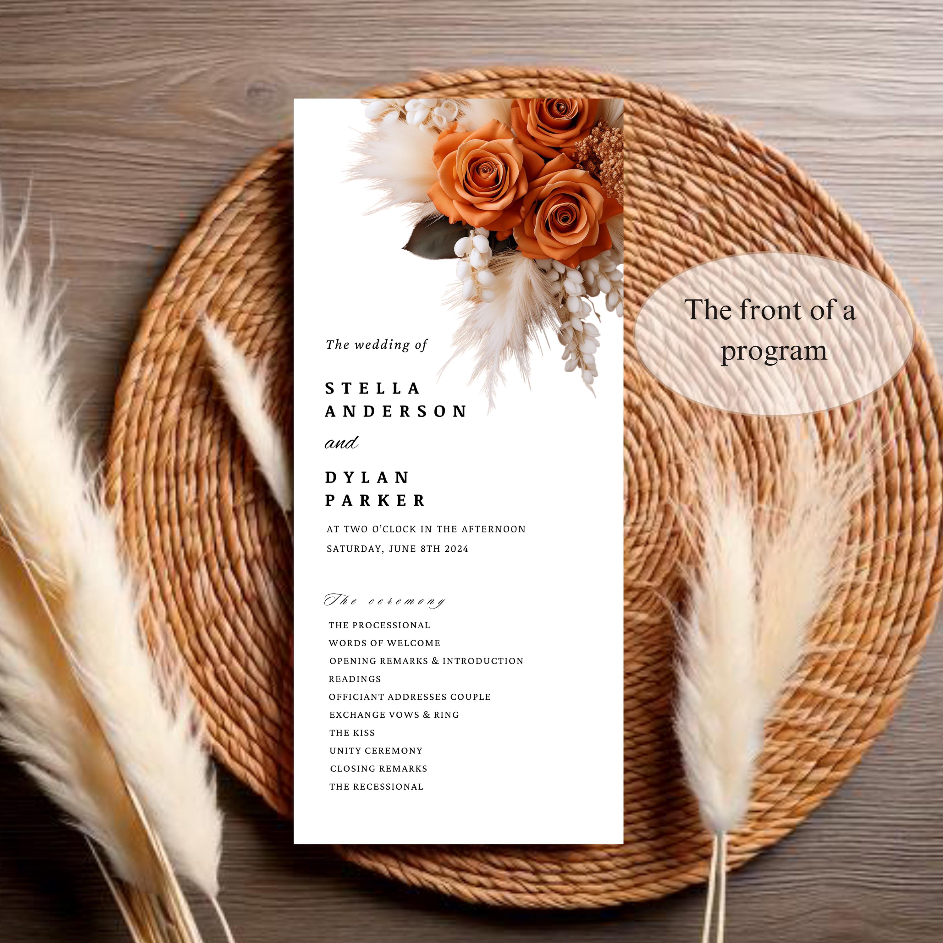 Burnt Orange Wedding Programs Template, Ceremony Program, Elegant Burnt Orange Rose Itinerary ...