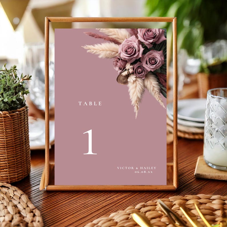 Mauve Floral Wedding Table Number Signs, Canva Editable Template ...